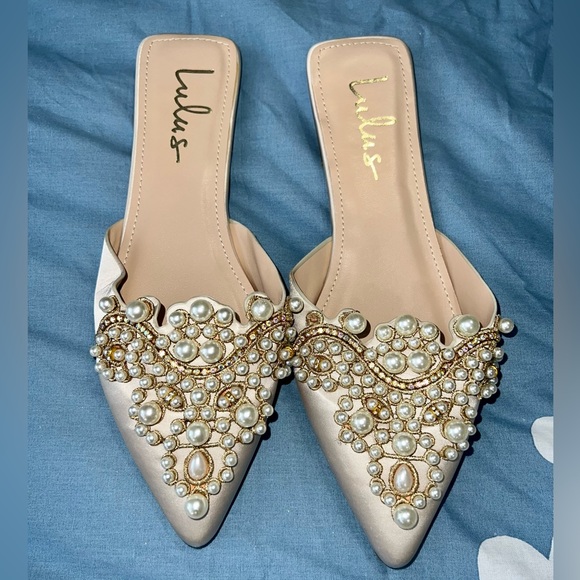 Lulus | Shoes | Lulus Ivory Satin Pearl Embroidered Pointed Toe Slides ...